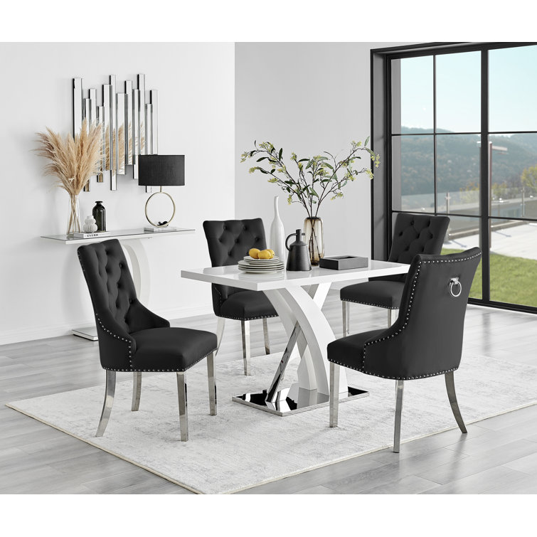 Canora Grey Marietta Chrome Metal & White High Gloss Dining Table Set - 4 Button Luxury Velvet ...